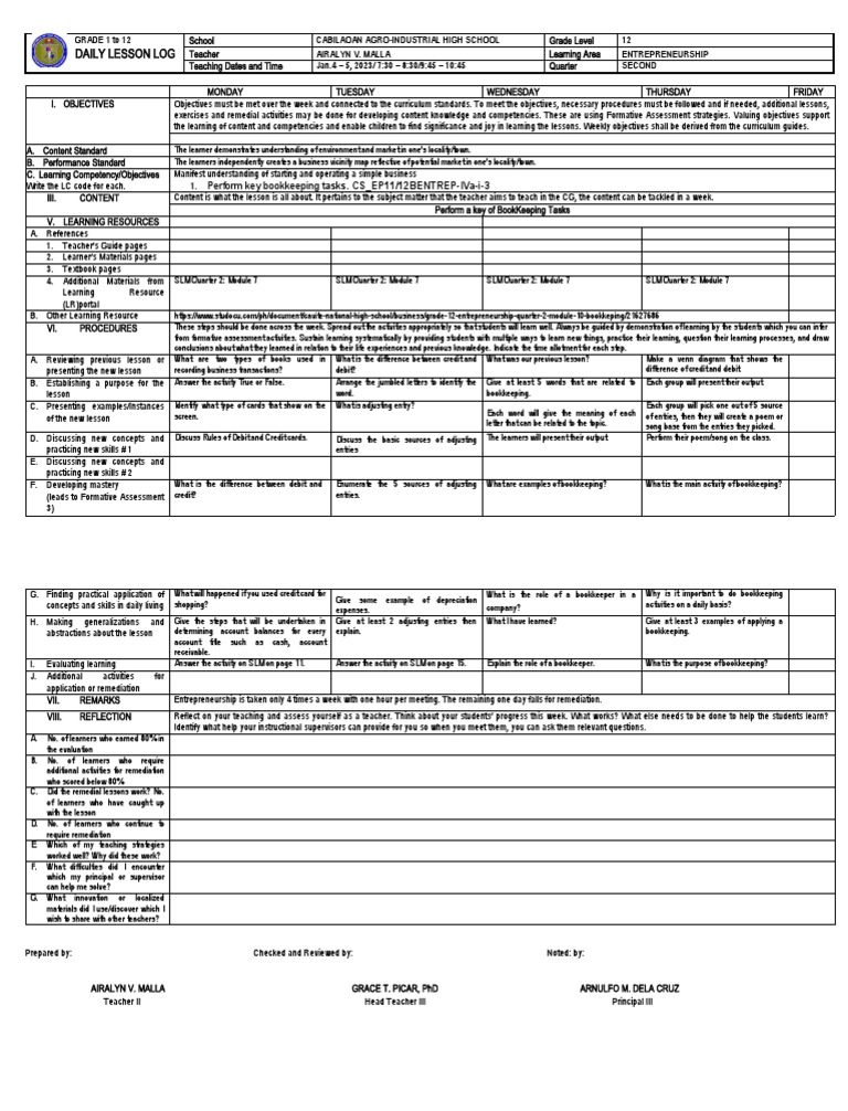Q2 W8 DLL Entrp | PDF | Learning | Teaching Method