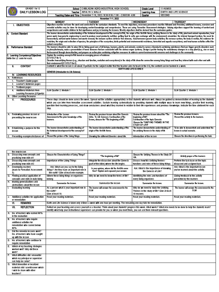 Earth and Life Science Week 1 Plan | PDF | Learning | Life