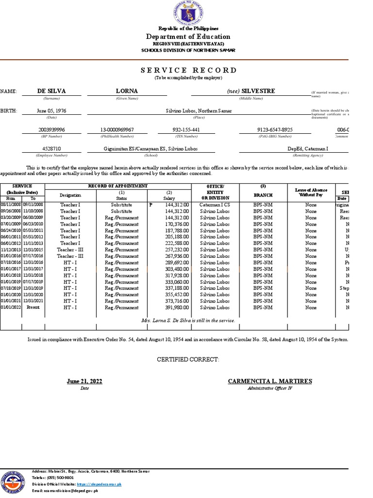Service Record of Lorna De Silva | PDF