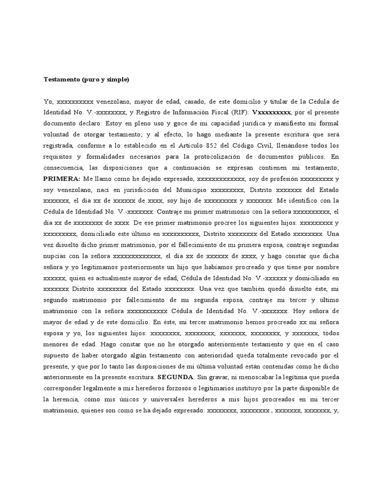 Testamento Puro y Simple | PDF | Voluntad y testamento | Propiedad de ...