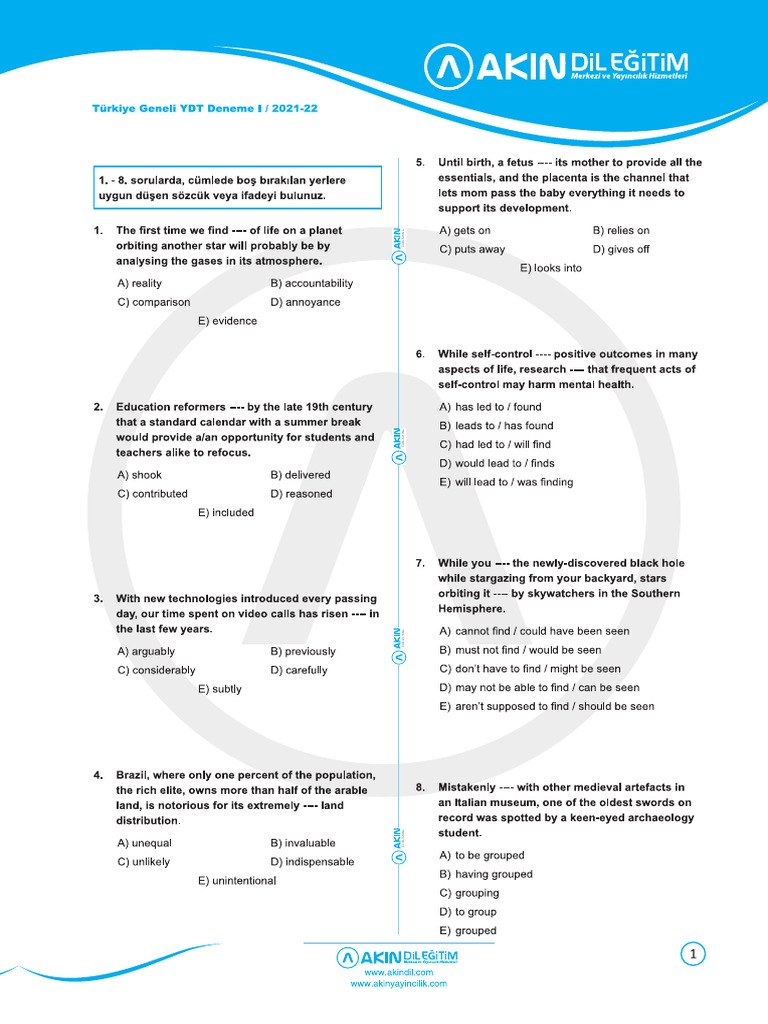 2021 2022 Turkiye Geneli Ydt Deneme Sinavi I | PDF