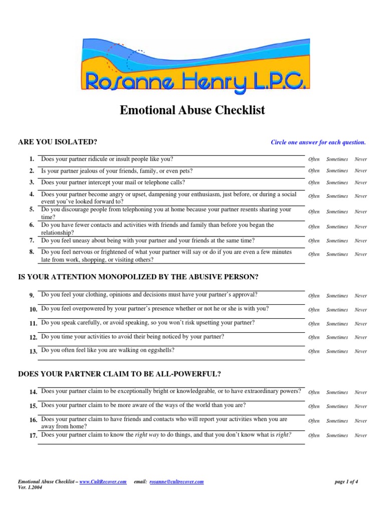 Emotional Abuse Checklist | PDF