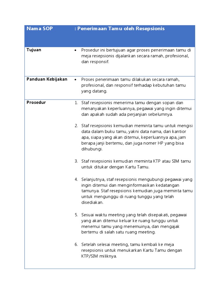 11 SOP Penerimaan Tamu Oleh Resepsionis | PDF
