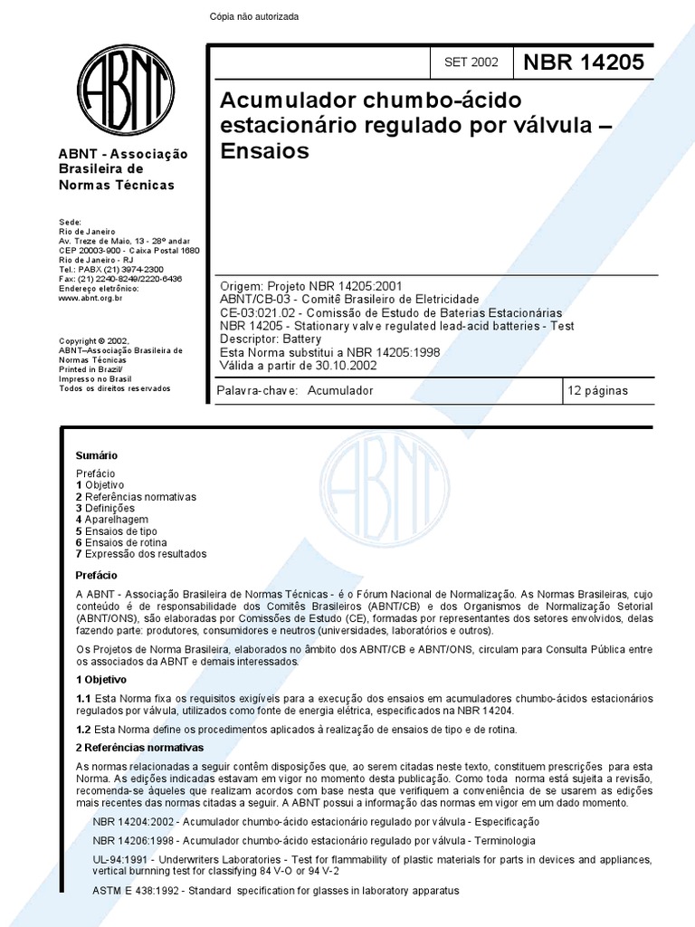 NBR 14205 - Acumulador Chumbo-Acido Estacionario Regulado Por Valvula ...