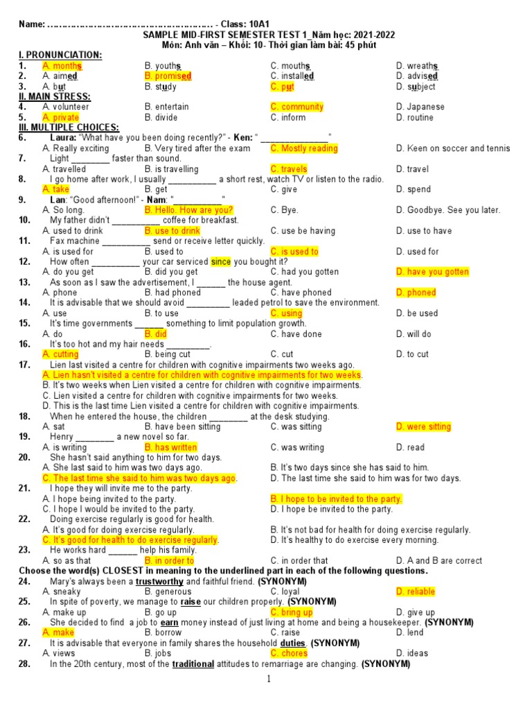 Sample Mid First Semester Test 1 - 10A1 | PDF