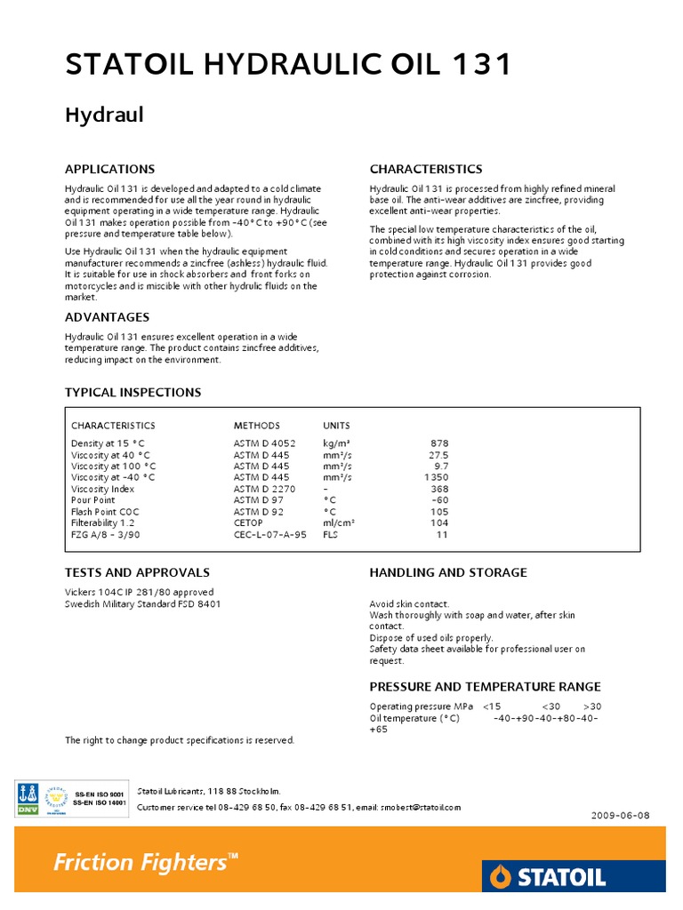 Statoil Hydraulic Oil 131 | PDF | Liquids | Chemistry