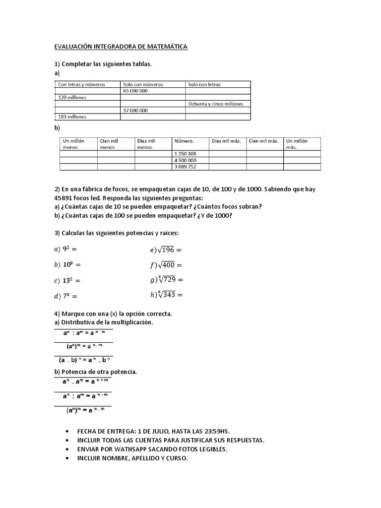 Evaluación Integradora de Matemática | PDF