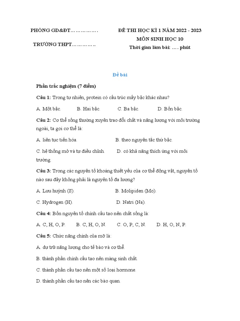 De Thi HK 1 Sinh 10 KNTT de 2 | PDF