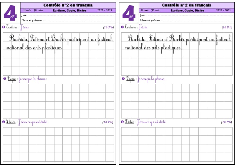4AP - Contrôle N°2 - Ecriture Copie Dictée | PDF
