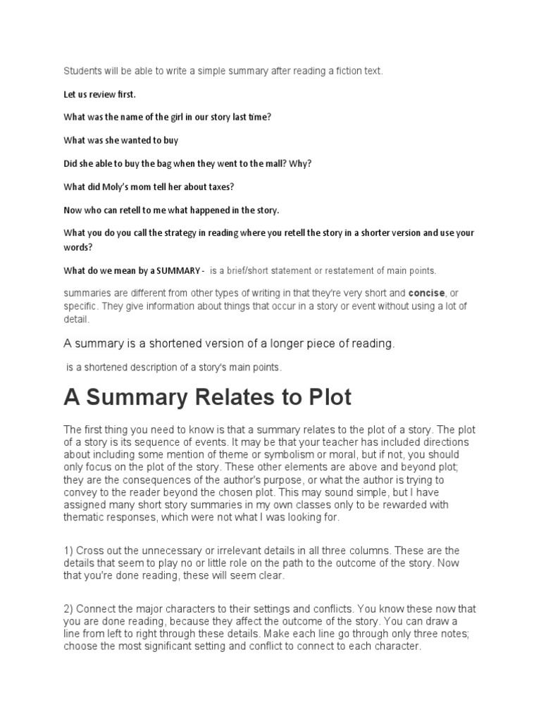 Students Will Be Able To Write A Simple Summary After Reading A Fiction ...