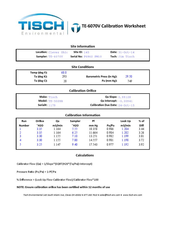 TE 6070V Calibration Worksheet | PDF
