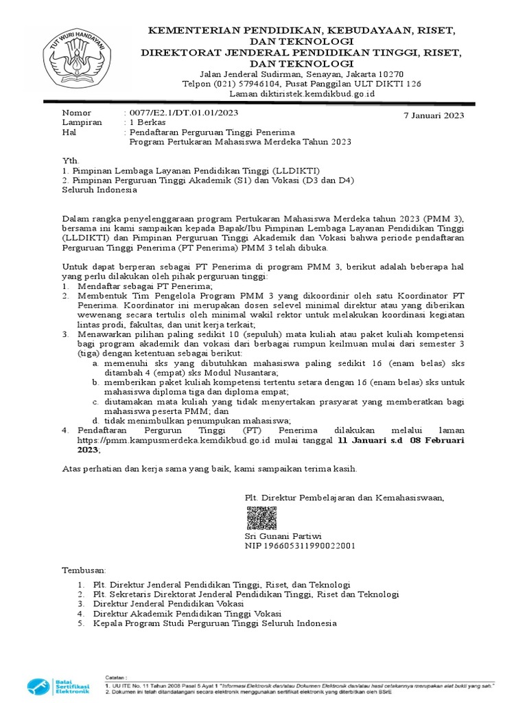 Surat Resmi Pemberitahuan Pendaftaran PT Penerima Program PMM 3 | PDF