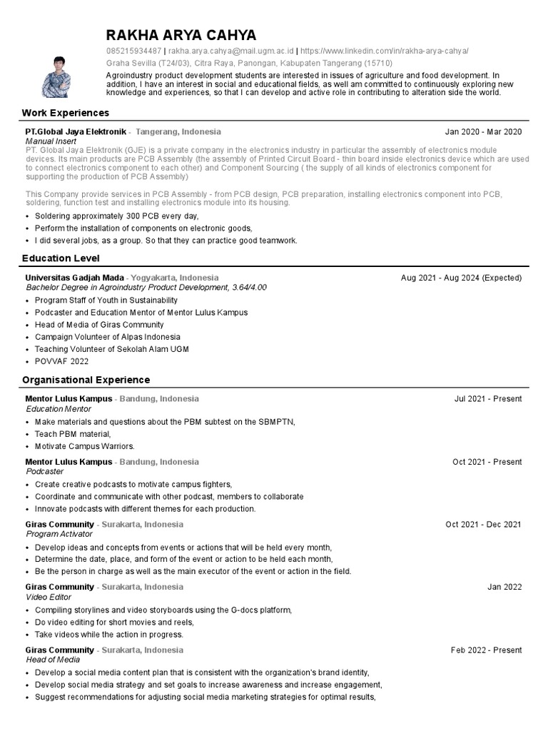 Rakha Arya Cahya's Resume: Experiences in Electronics Manufacturing ...