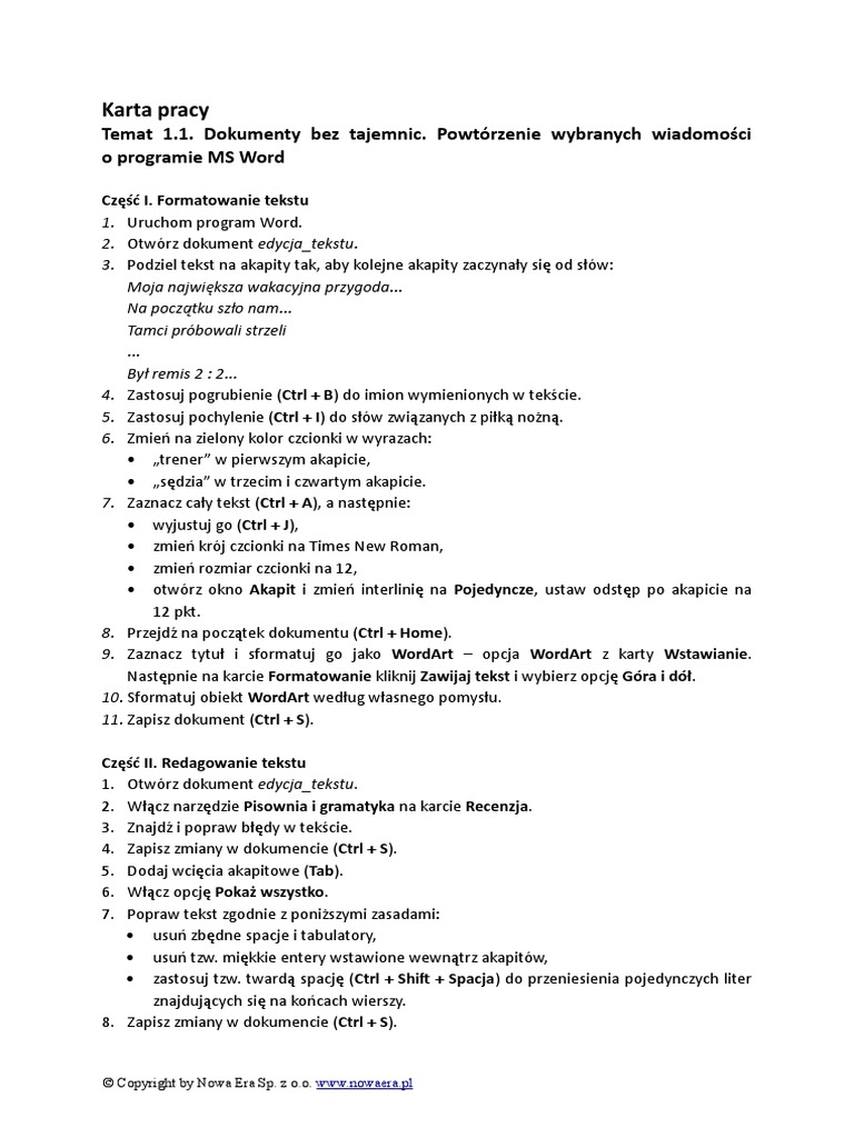 Kl. 5 Karta Pracy Dokumenty Bez Tajemnic Powtorzenie Wybranych Wiadomosci o Programie Ms Word | PDF