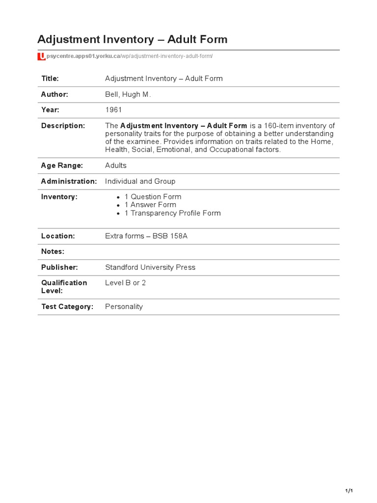 Psycentre - Apps01.yorku - Ca-Adjustment Inventory Adult Form | PDF