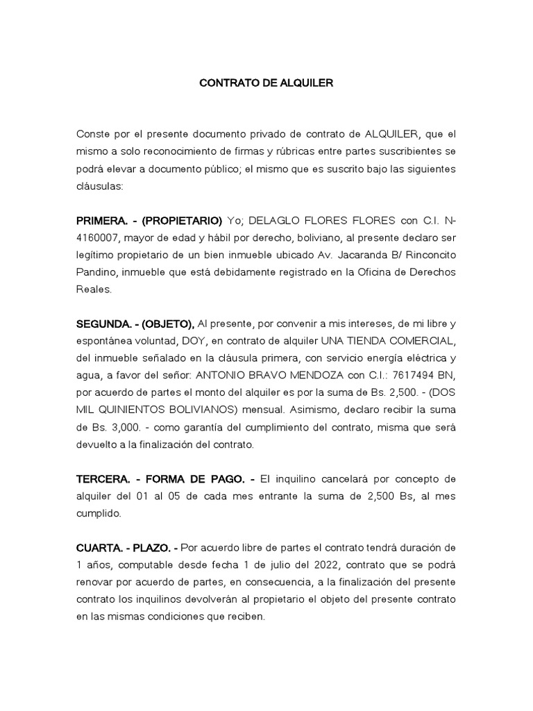 Modelo de Contrato de Alquiler Bolivia Actualizado Tienda de Tela | PDF