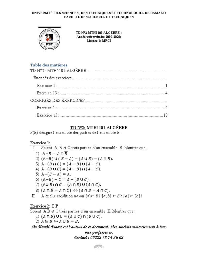 TD N°2 MTH1101 Algèbre-1 | PDF