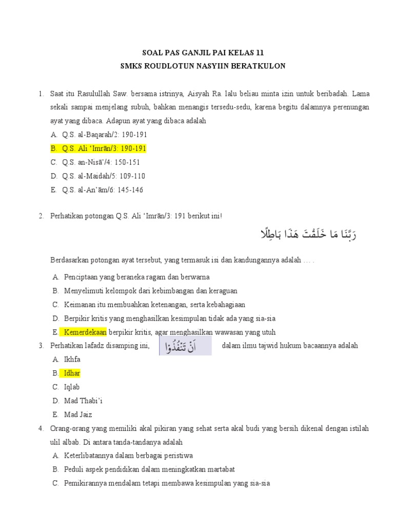 Soal Pas Ganjil Pai Kelas 11 | PDF