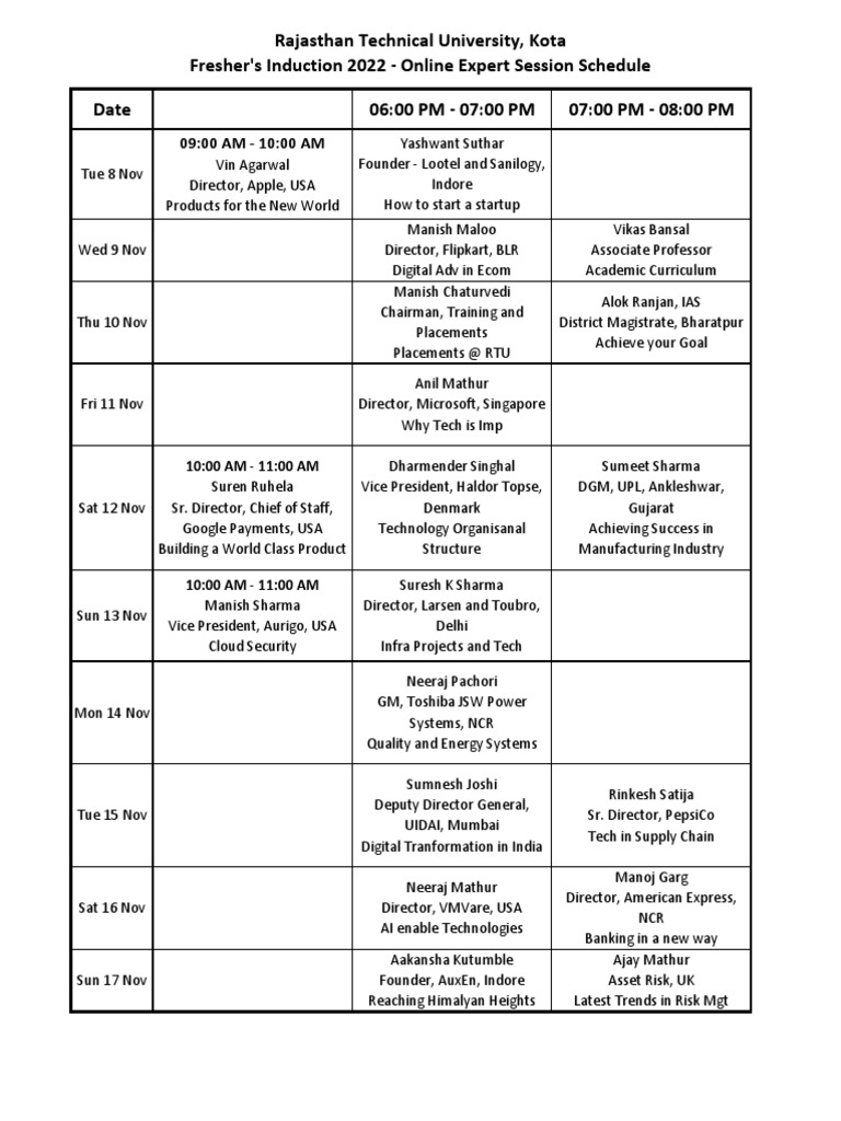 RTU Fresher's Induction 2022 Schedule | PDF
