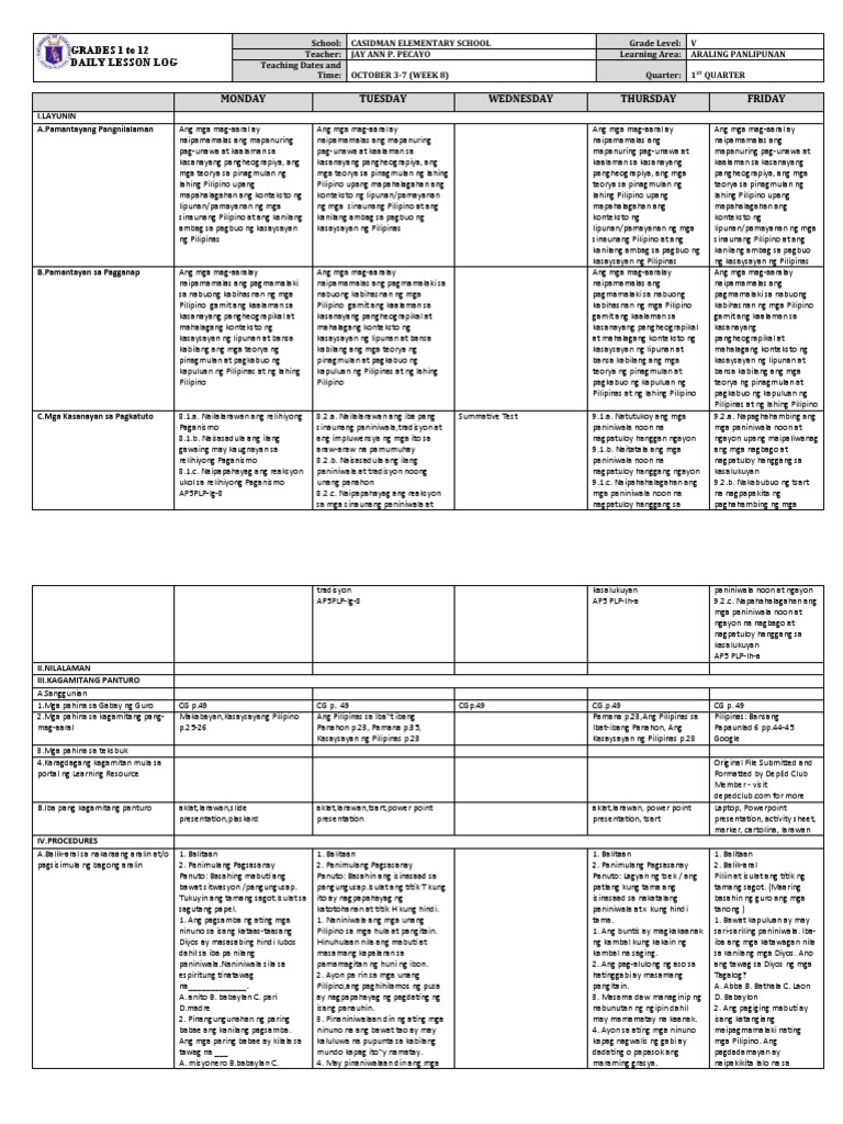 DLL - Araling Panlipunan 5 - Q1 - W8 | PDF