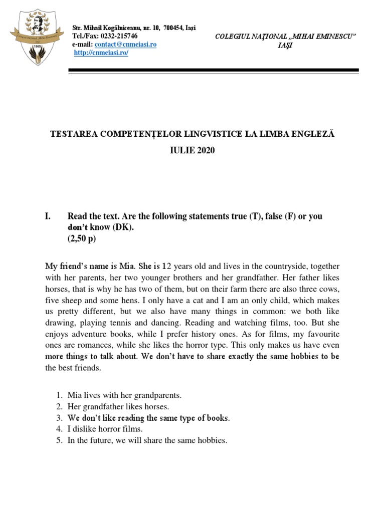 Model Subiect Test Engleza V | PDF