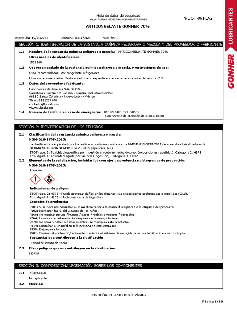 HDS Anticongelante GONHER 70 | PDF | Residuos | Gestión de residuos