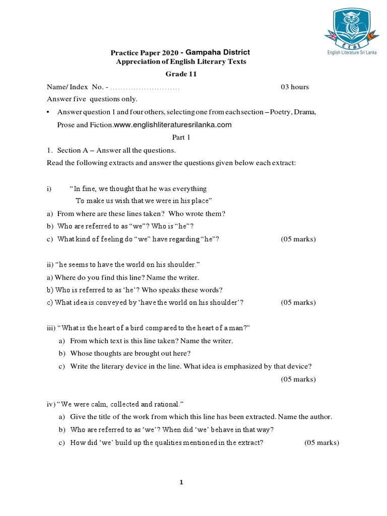 Practice Paper Grade 11 Literature Gampaha District | PDF