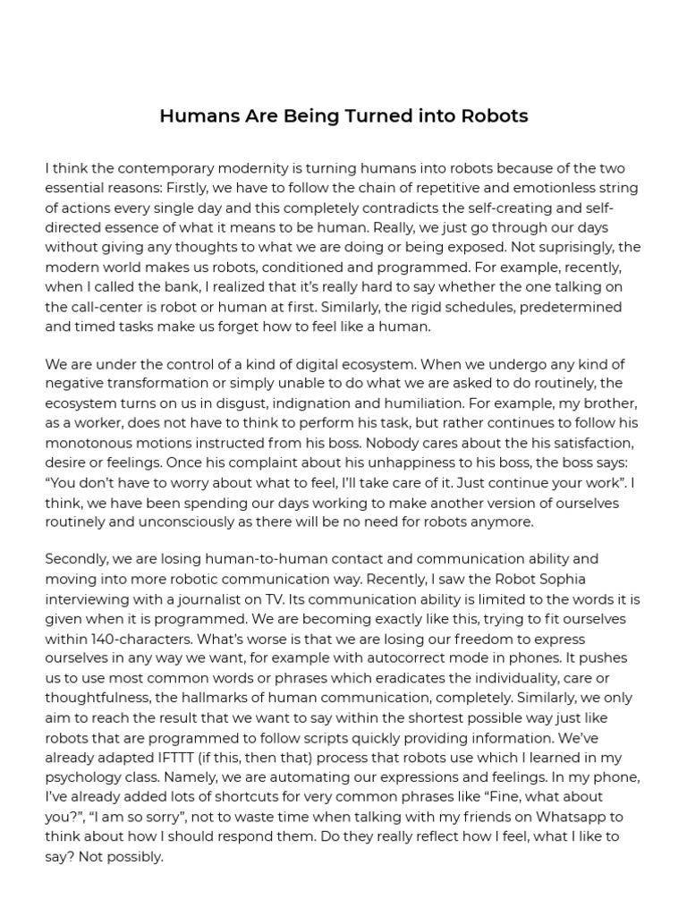 Humans Are Being Turned Into Robots - (Essay Example), 522 Words ...
