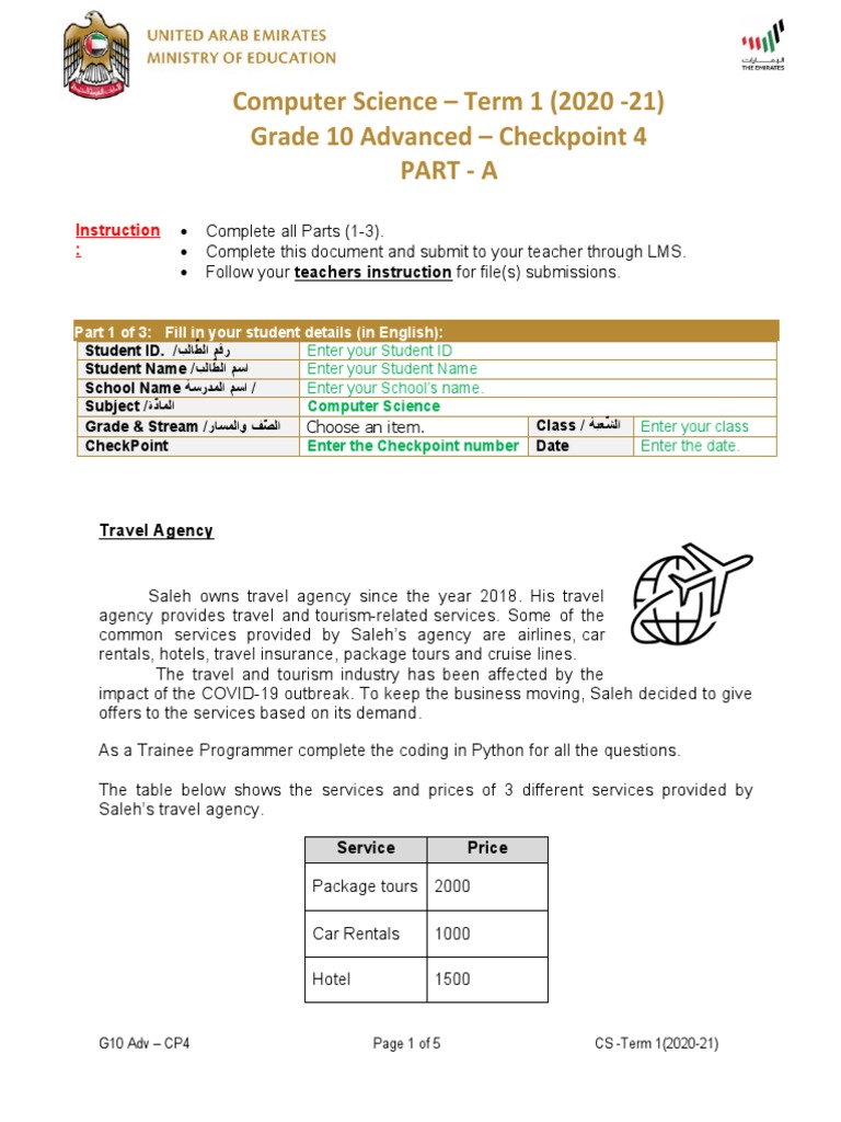 Computer Science - Term 1 (2020 - 21) Grade 10 Advanced - Checkpoint 4 Part - A | PDF | Travel ...