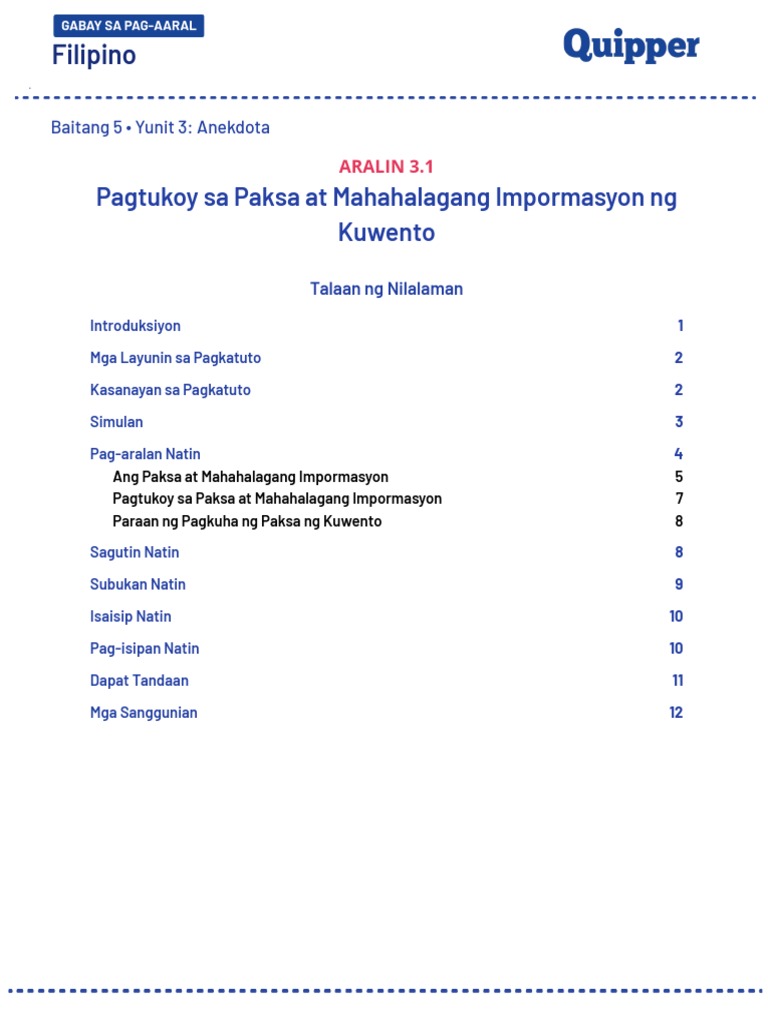 ME FIL 5 Q1 0301 - SG - Pagtukoy Sa Paksa at Mahahalagang Impormasyon NG Kuwento | PDF