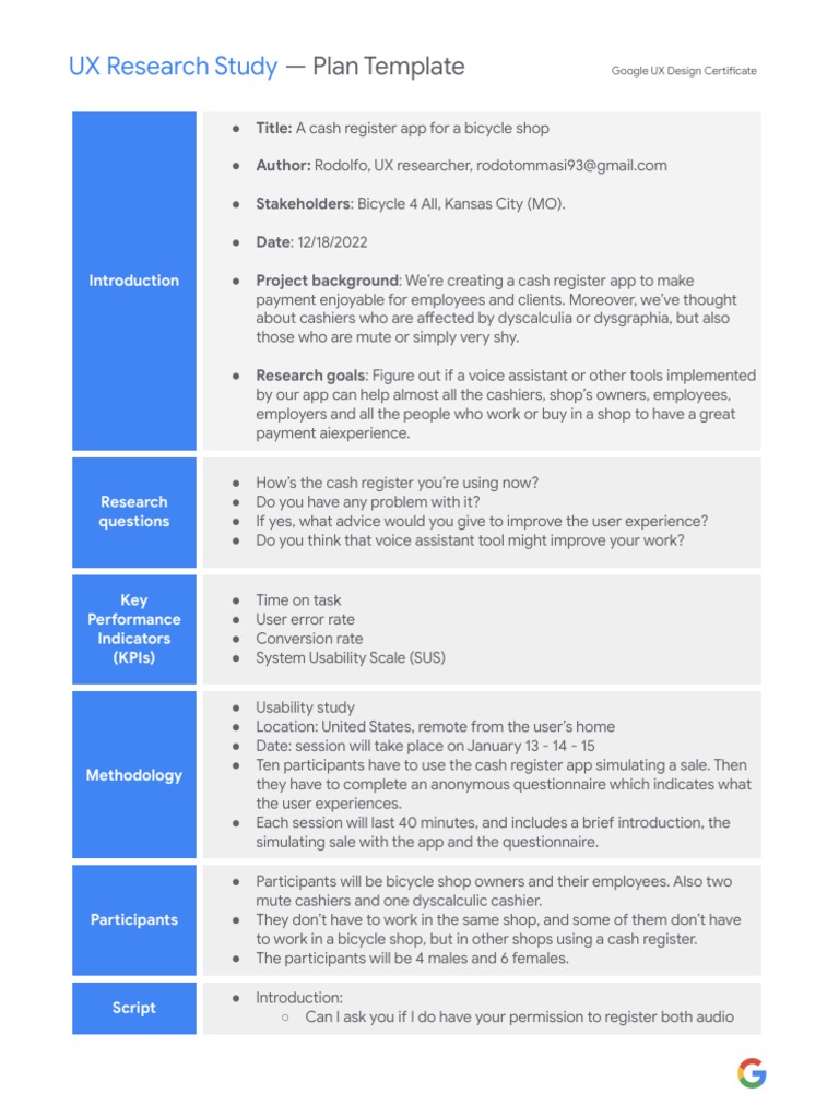 Google UX Design Certificate - UX Research Study Plan (Template) | PDF | User Experience | Usability