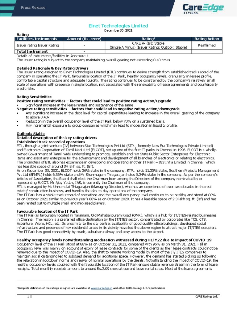 Elnet Technologies Limited | PDF | Credit Rating Agency | Debt