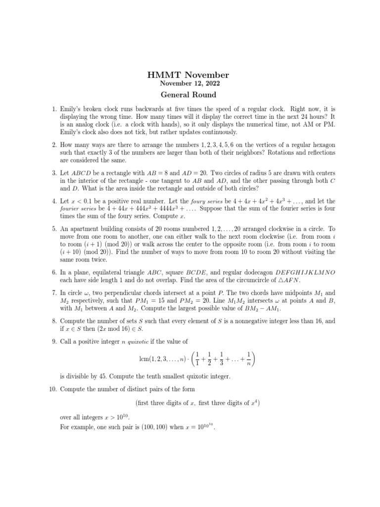 HMMT November Clock Problem | PDF | Rectangle | Euclidean Geometry