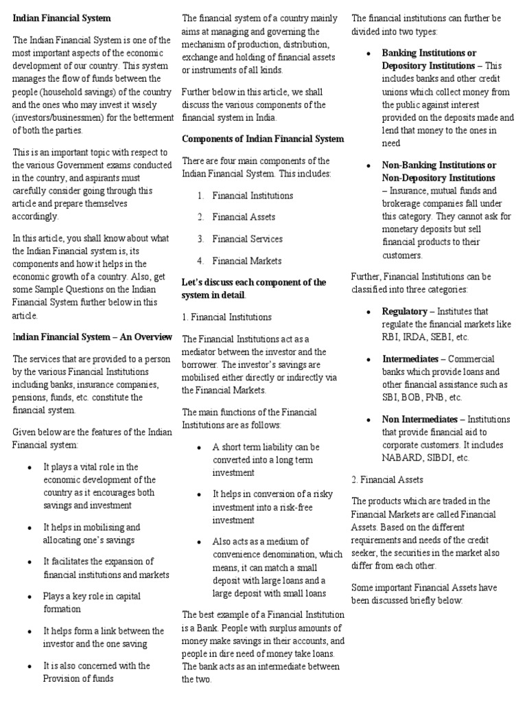 Understanding the Components of the Indian Financial System | PDF ...