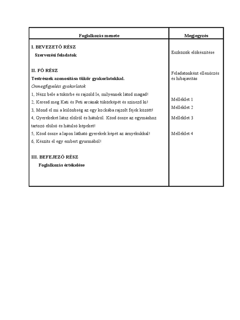 Foglalkozás Menete Megjegyzés I. Bevezető Rész Szervezési Feladatok Ii ...