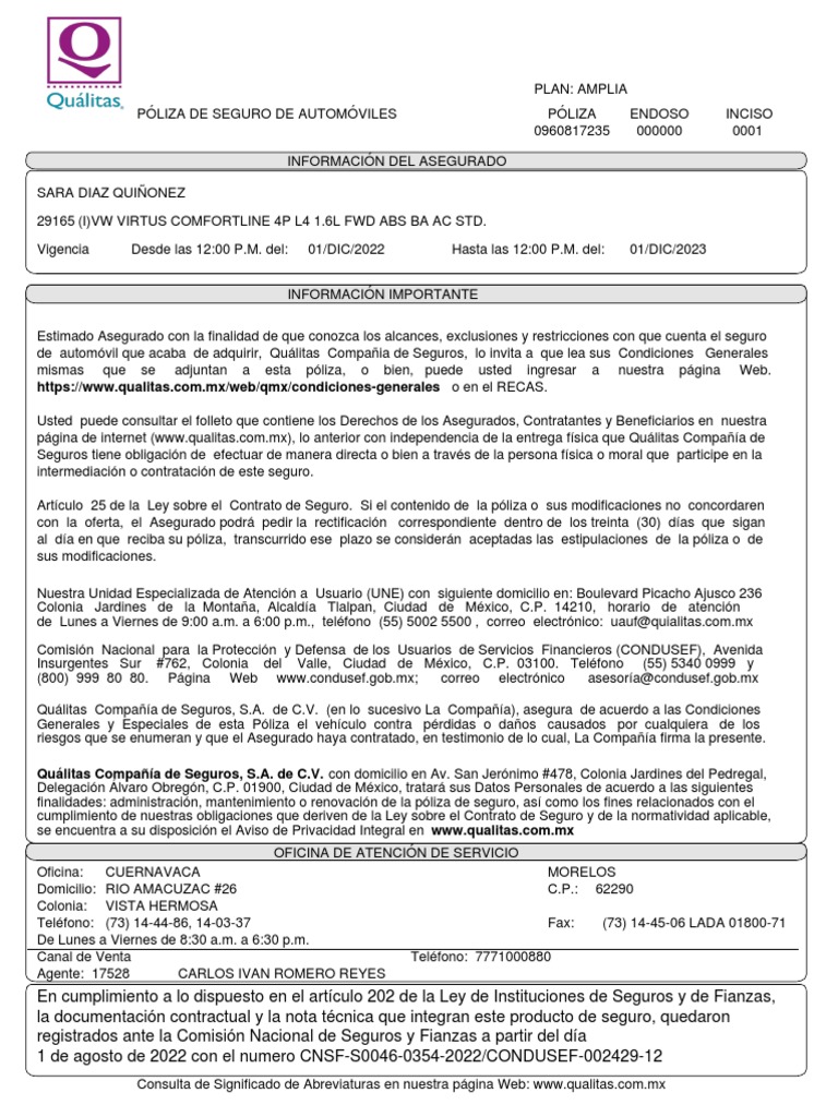 Poliza Sara Diaz-1 | PDF | Póliza de seguros | Seguro