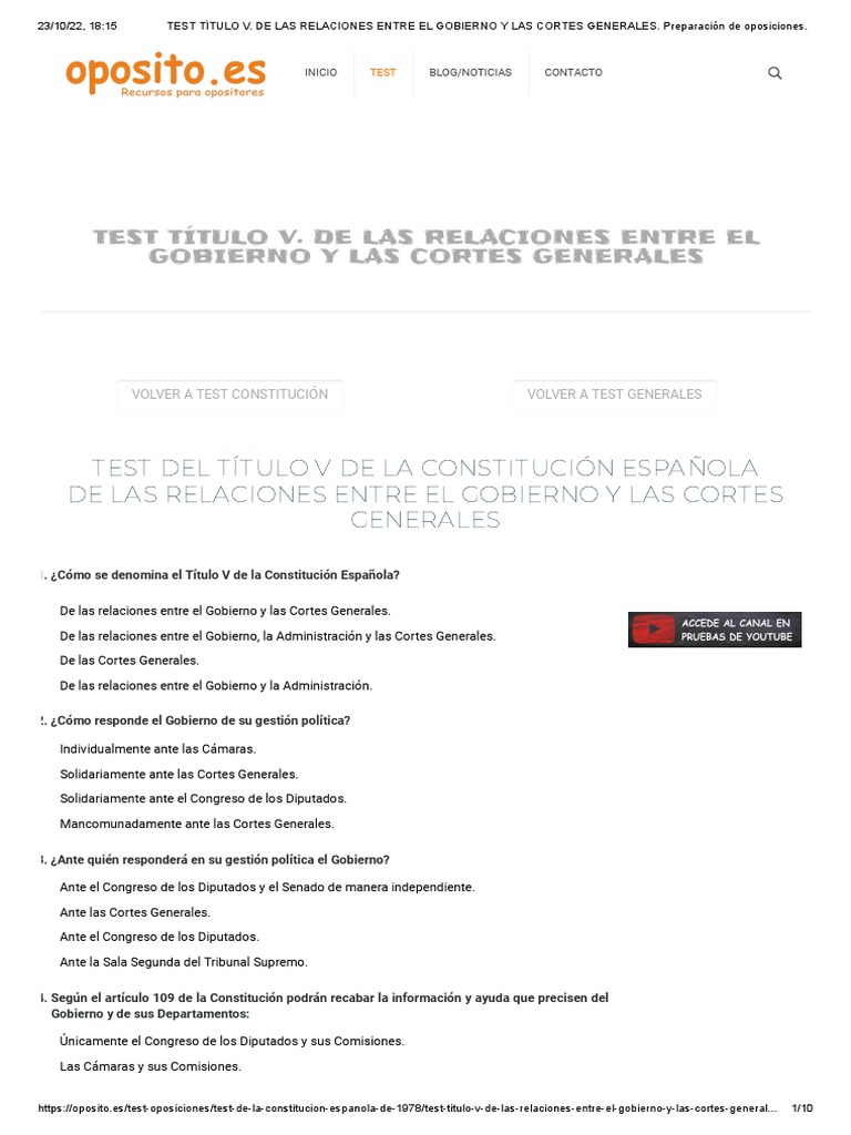 TEST TÍTULO V. DE LAS RELACIONES ENTRE EL GOBIERNO Y LAS CORTES ...