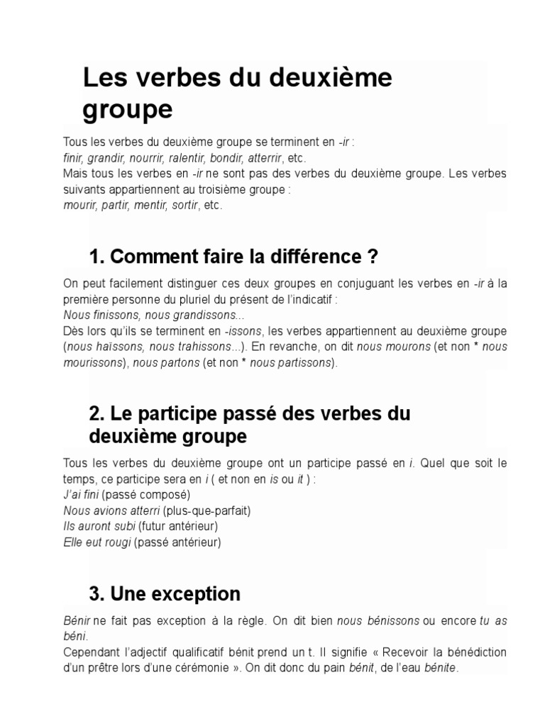 Les verbes du deuxième groupe en français | PDF | Verbe | Typologie ...