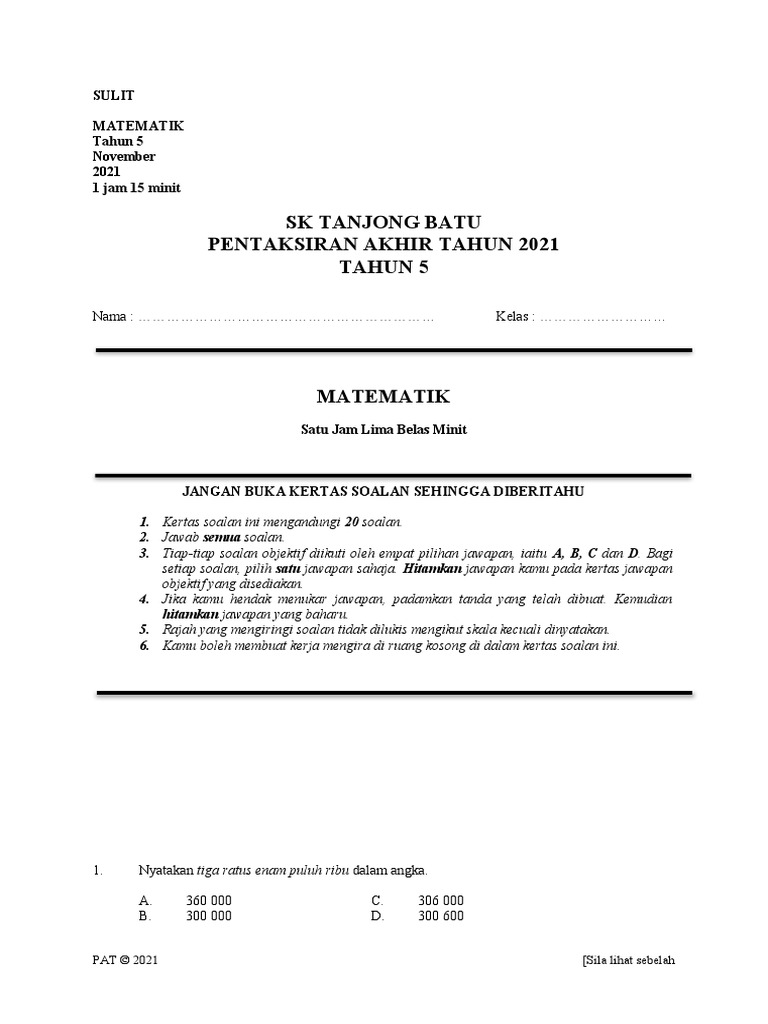Soalan PAT - MT T5 K1 | PDF