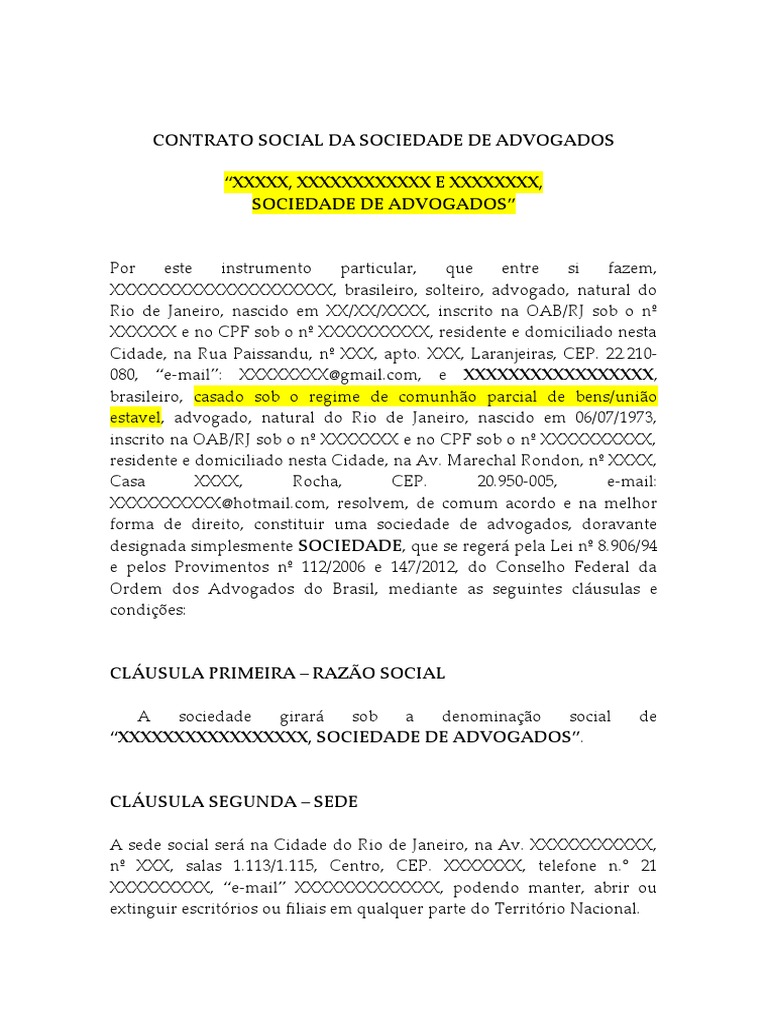 Modelo Contrato Social Sociedade de Advogados | PDF | Advogado | Sociologia