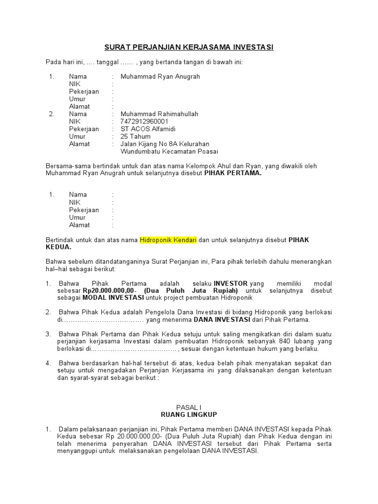 Surat Perjanjian Kerjasama Investasi Pdf