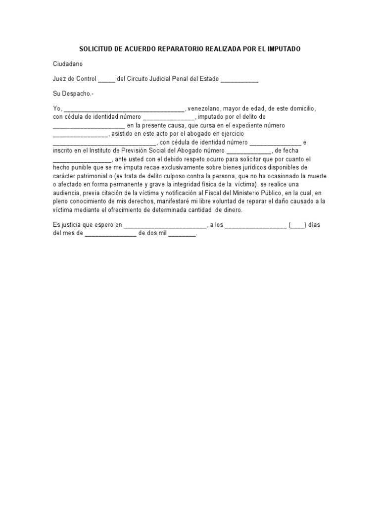 Solicitud de Acuerdo Reparatorio Realizada Por El Imputado | PDF Solicitud de Acuerdo Reparatorio Realizada Por El Imputado | PDF