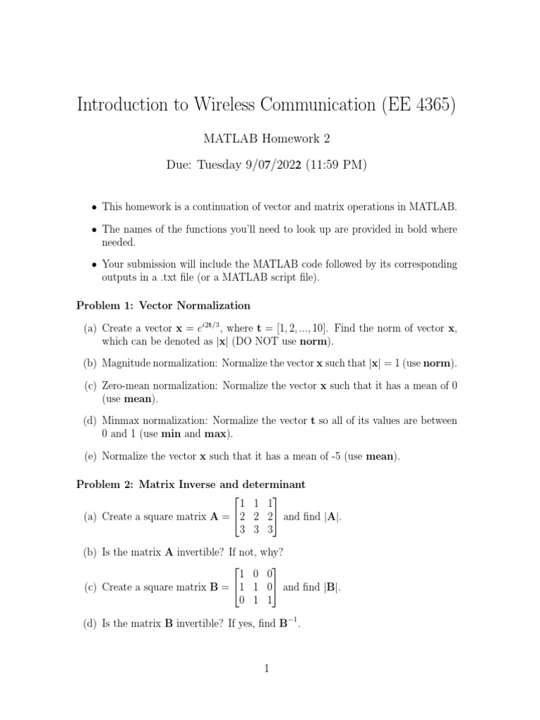 MATLAB Homework 2 | PDF | Matrix (Mathematics) | Algebra