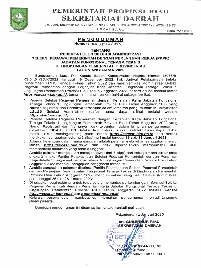 Pengumuman Kelulusan Seleksi Administrasi PPPK Teknis 2022 Website | PDF Pengumuman Kelulusan Seleksi Administrasi PPPK Teknis 2022 Website | PDF