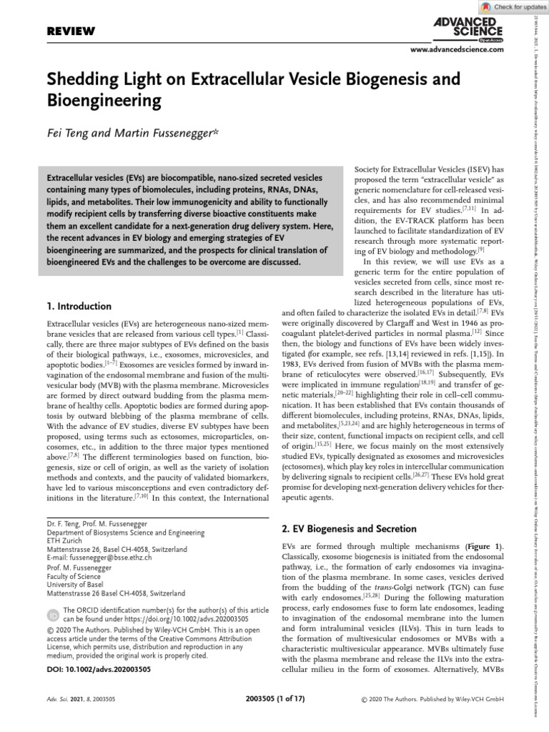 Advanced Science - 2020 - Teng - Shedding Light On Extracellular ... Advanced Science - 2020 - Teng - Shedding Light On Extracellular ...