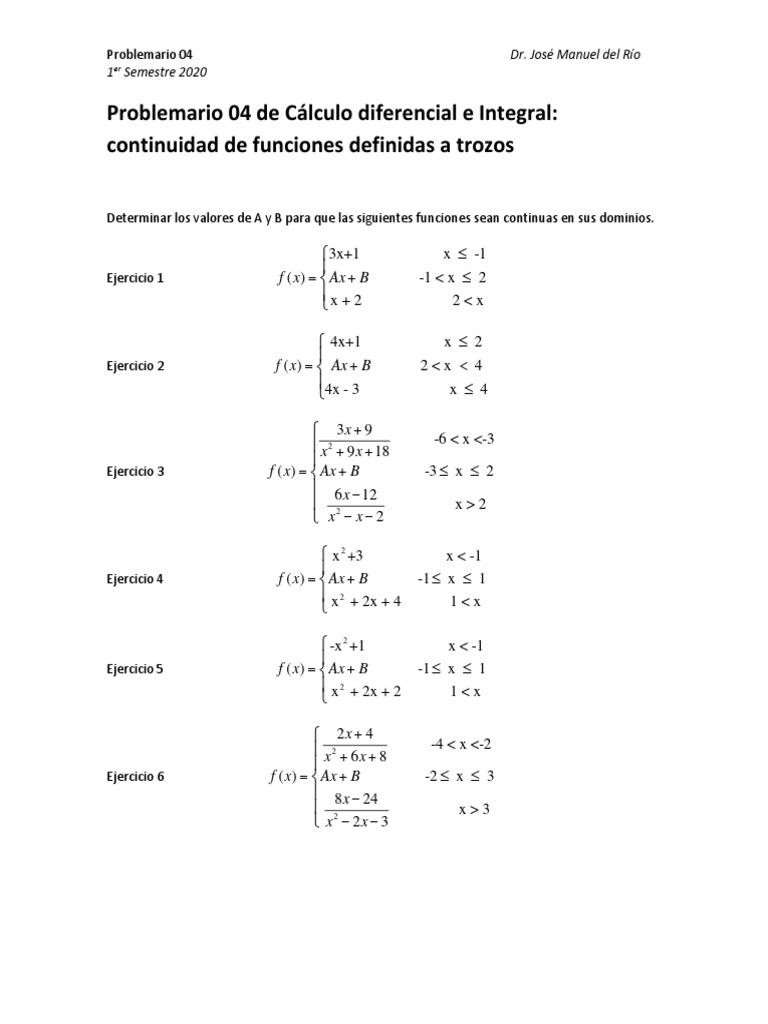 Problemario 04 - Continuidad de Funciones Definidas A Trozos | PDF | Análisis matemático | Cálculo