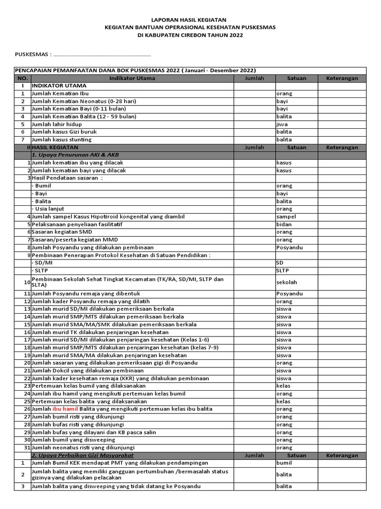 Format Laporan Tahunan BOK Puskesmas 2022 | PDF