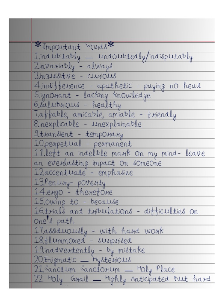 Handwritten Notes of English Important Words | PDF