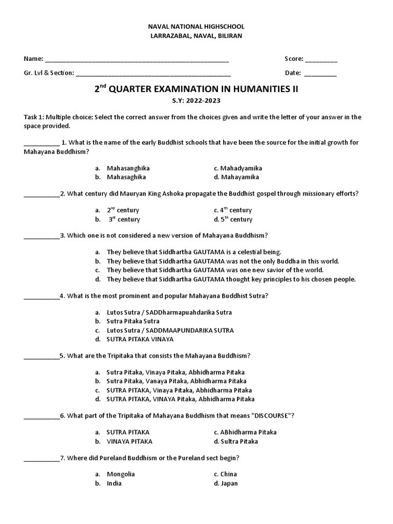 2nd Quarter Examination in Humanities II | PDF | Buddhist Texts | Gautama Buddha