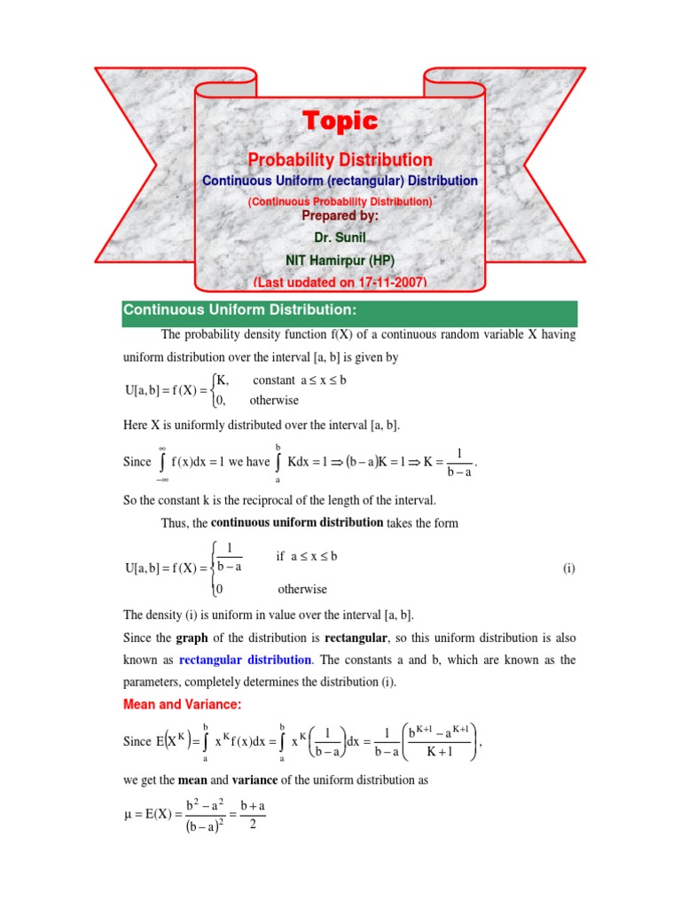 Continuous Uniform Distribution | PDF | Probability Distribution ...